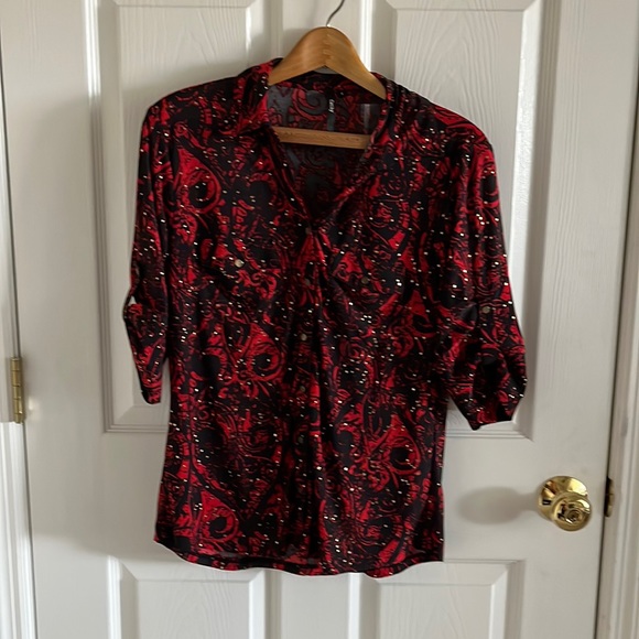 Cathy | Tops | Cathy Red Black 3 Quarter Sleeve Button Down Blouse With ...